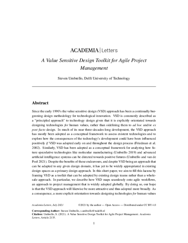 (PDF) A Value Sensitive Design Toolkit for Agile Project Management