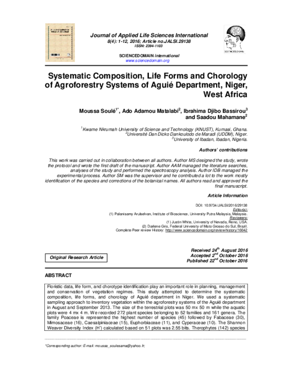 (PDF) Systematic Composition, Life Forms and Chorology of Agroforestry ...