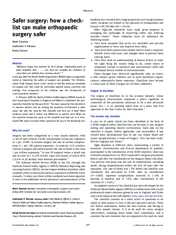 (PDF) Safer surgery: how a checklist can make orthopaedic surgery safer