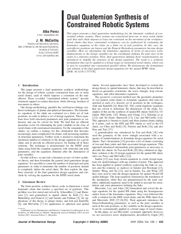 (PDF) Dual Quaternion Synthesis of Constrained Robotic Systems
