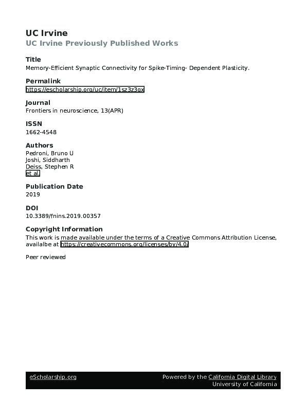 Pdf Memory Efficient Synaptic Connectivity For Spike Timing Dependent Plasticity