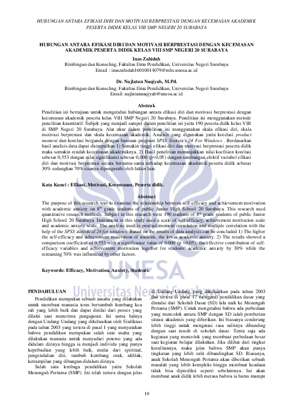 Hubungan Antara Efikasi Diri Dan Motivasi Berprestasi Dengan Kecemasan Akademik Peserta Didik ...