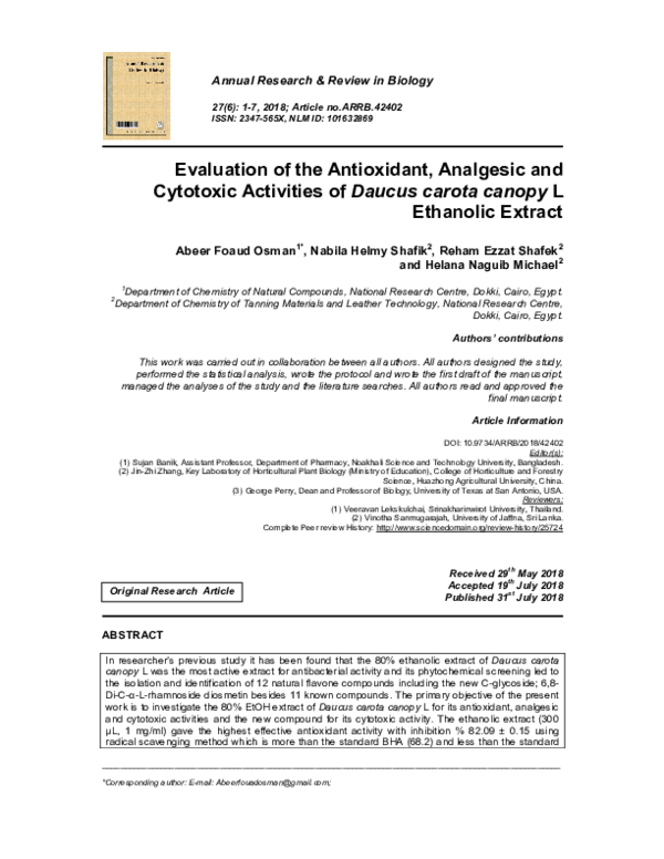 (PDF) Evaluation of the Antioxidant, Analgesic and Cytotoxic Activities of Daucus carota canopy ...