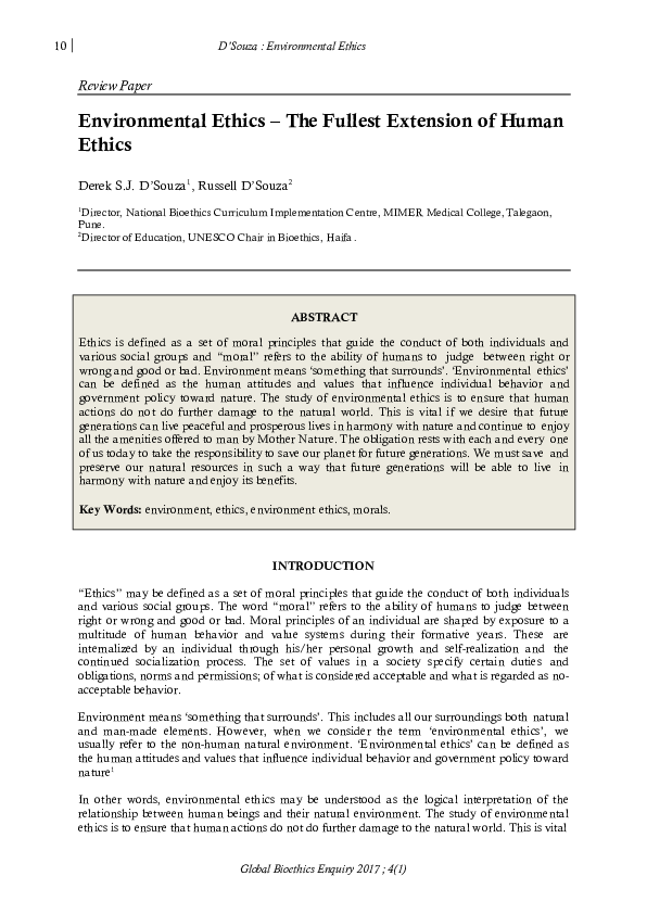 (PDF) Environmental Ethics – The Fullest Extension of Human Ethics