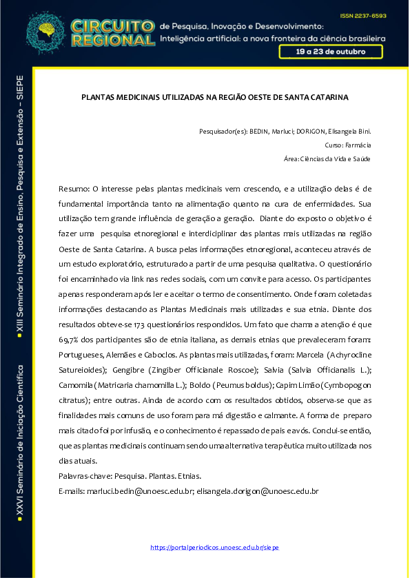 (PDF) Plantas Medicinais Utilizadas Na Região Oeste De Santa Catarina