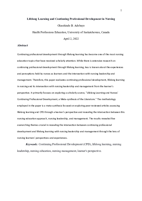 (DOC) Lifelong Learning and Continuing Professional Development in Nursing