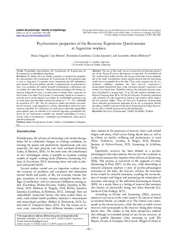 (PDF) Psychometric properties of the Recovery Experience Questionnaire ...