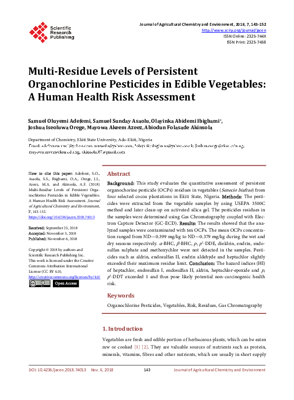 (PDF) Multi-Residue Levels of Persistent Organochlorine Pesticides in Edible Vegetables: A Human ...