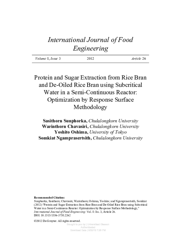 (PDF) Protein and Sugar Extraction from Rice Bran and De-Oiled Rice Bran using Subcritical Water ...