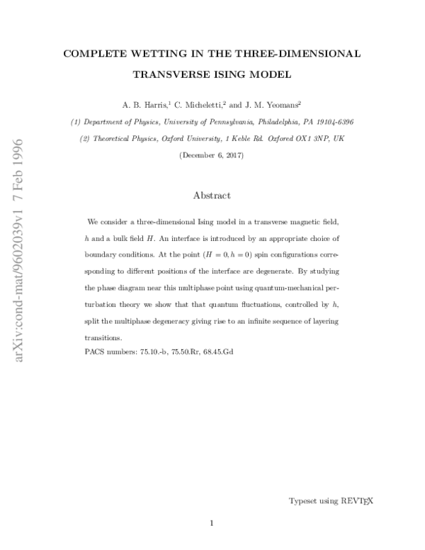 (PDF) Complete wetting in the three-dimensional transverse Ising model