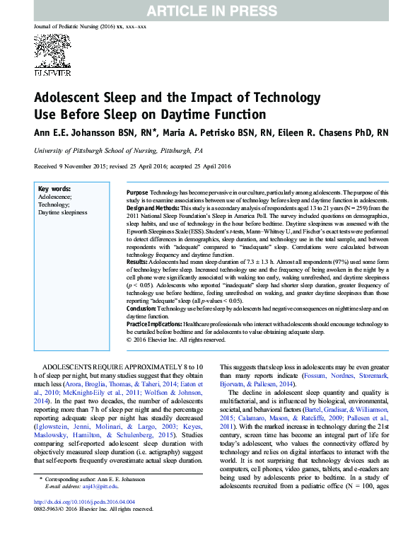 (PDF) Adolescent Sleep and the Impact of Technology Use Before Sleep on ...
