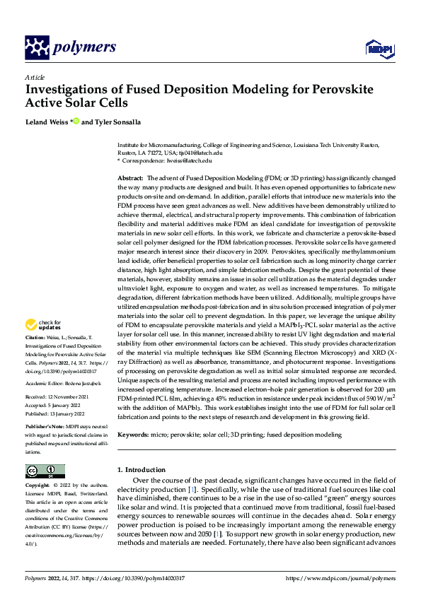 (PDF) Investigations of Fused Deposition Modeling for Perovskite Active Solar Cells