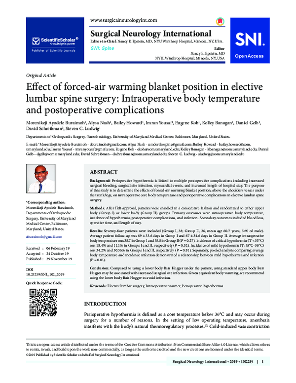 (PDF) Effect of forced-air warming blanket position in elective lumbar ...