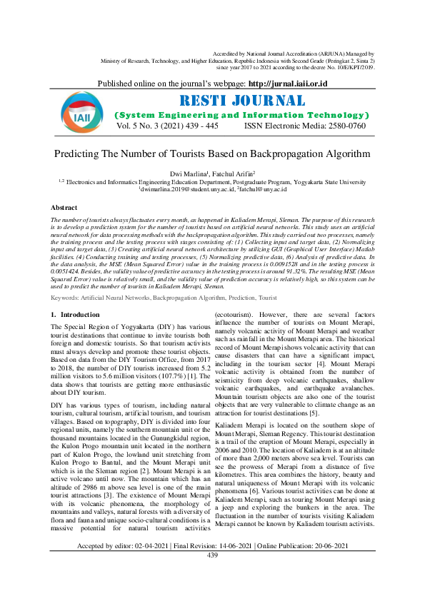 (PDF) Predicting The Number of Tourists Based on Backpropagation Algorithm