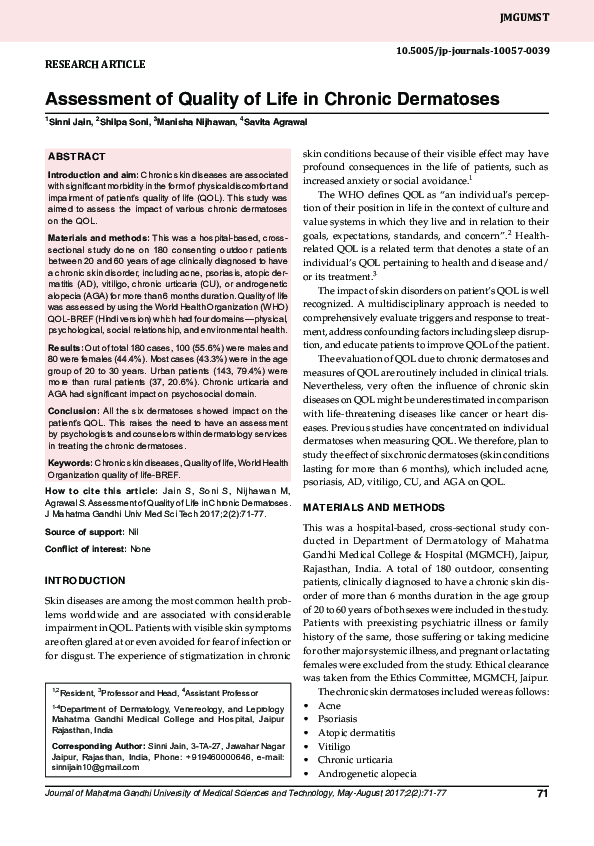 (PDF) Assessment of Quality of Life in Chronic Dermatoses