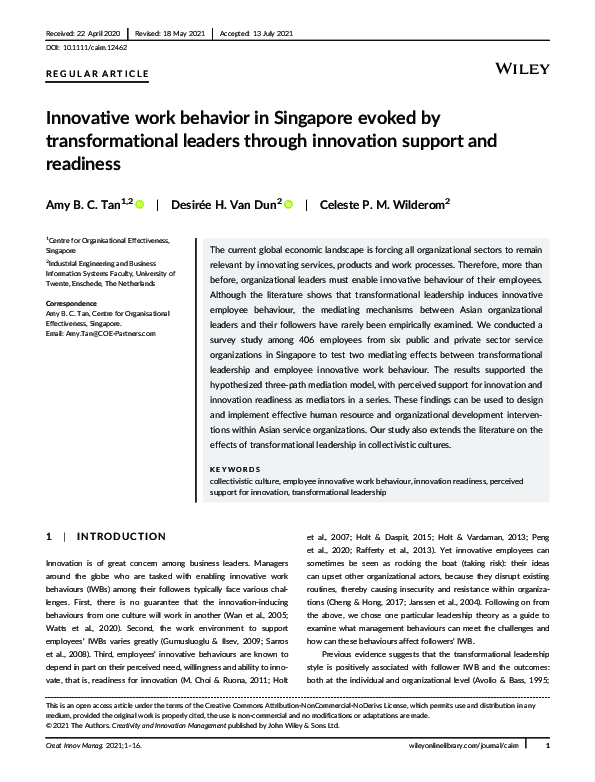 (PDF) Innovative work behavior in Singapore evoked by transformational leaders through ...