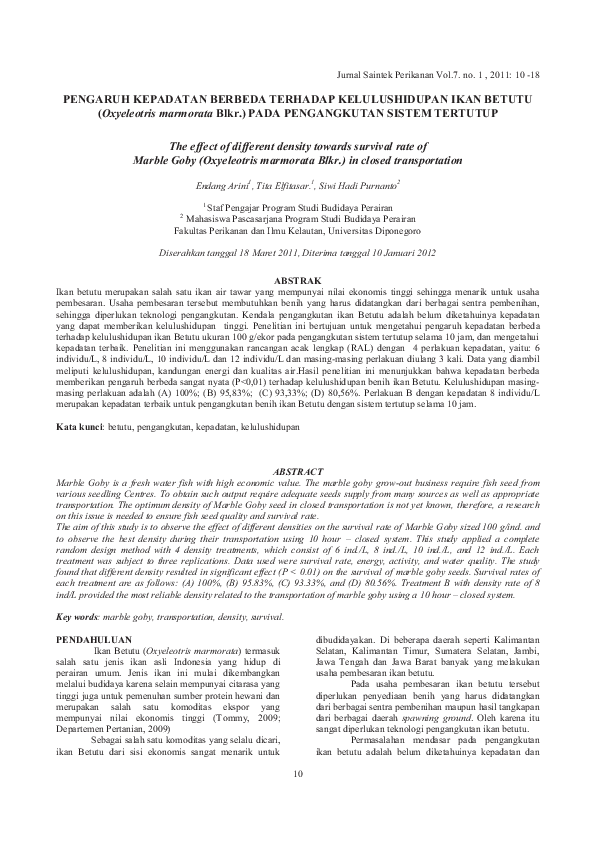 (PDF) The effect of different density towards survival rate of Marble ...