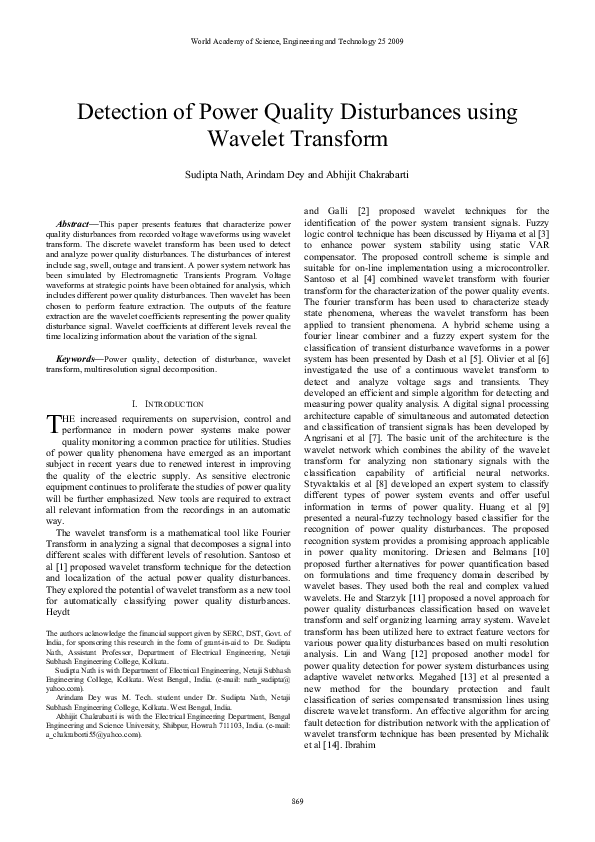 Pdf Ibrahim Detection Of Power Quality Disturbances Using Wavelet Transform Sudipta Nath