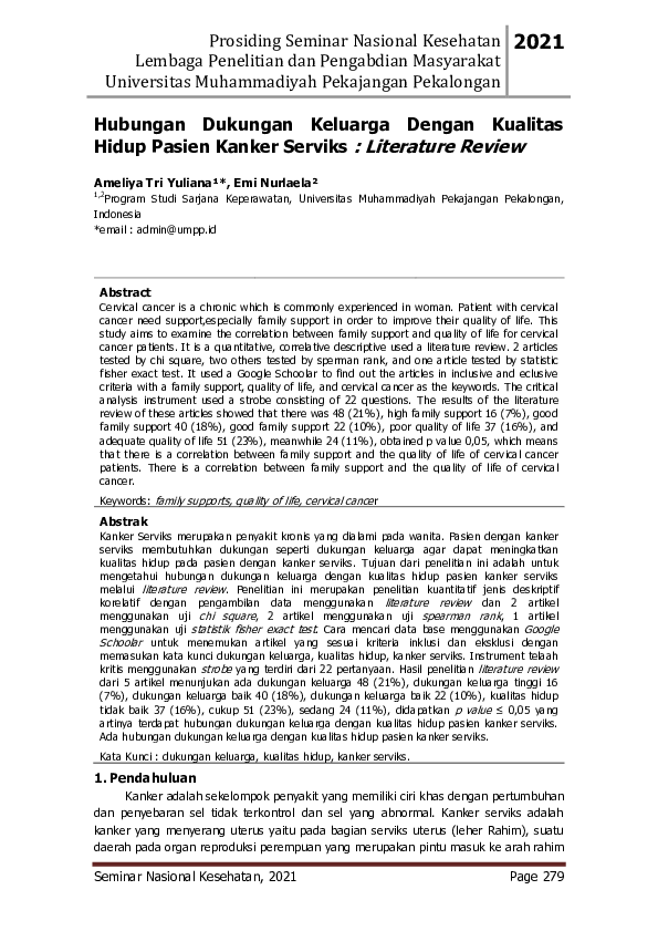 (PDF) Hubungan Dukungan Keluarga Dengan Kualitas Hidup Pasien Kanker Serviks : Literature Review