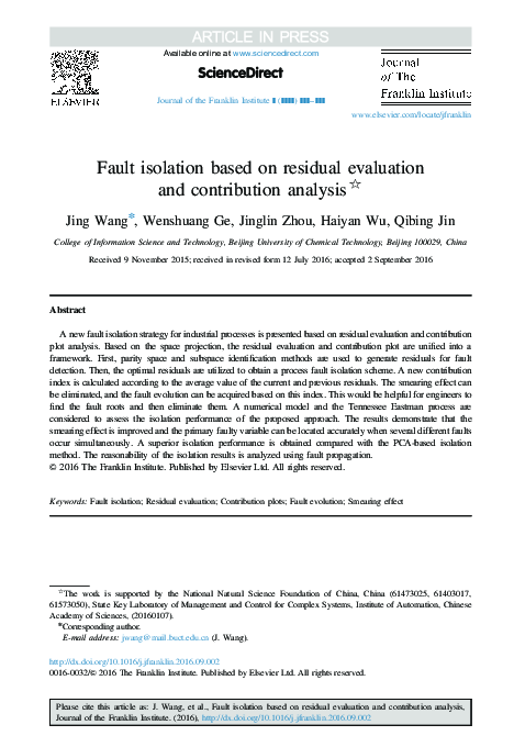 (PDF) Fault isolation based on residual evaluation and contribution analysis