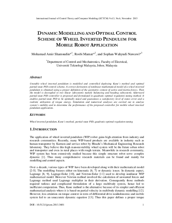 Pdf Dynamic Modelling And Optimal Controlscheme Of Wheel Inverted Pendulum For Mobile Robot