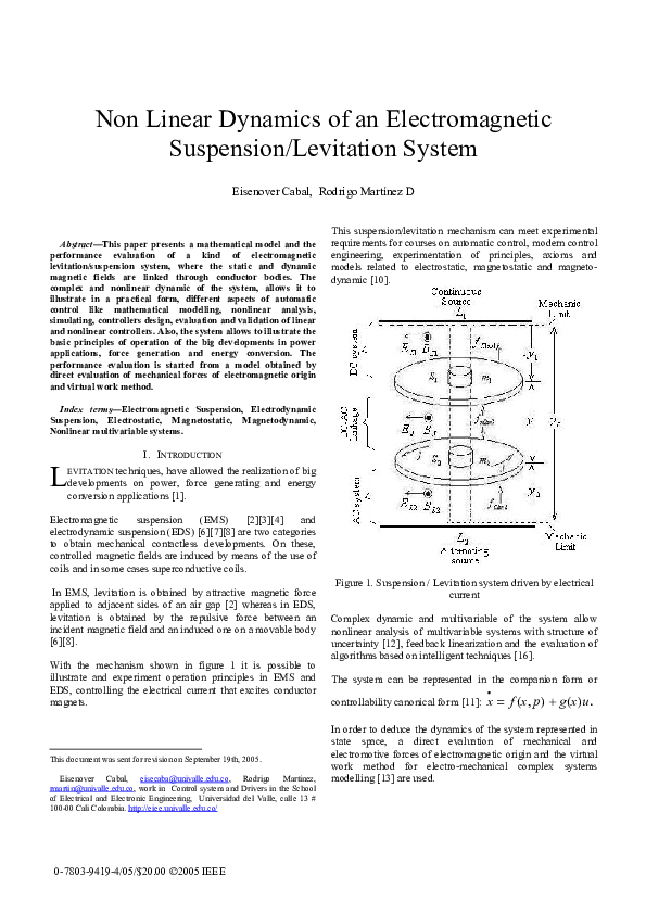 (PDF) Non Linear Dynamics of an Electromagnetic Suspension/Levitation System