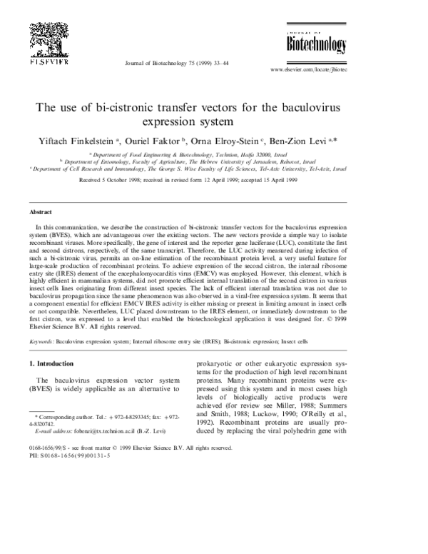(PDF) The use of bi-cistronic transfer vectors for the baculovirus ...