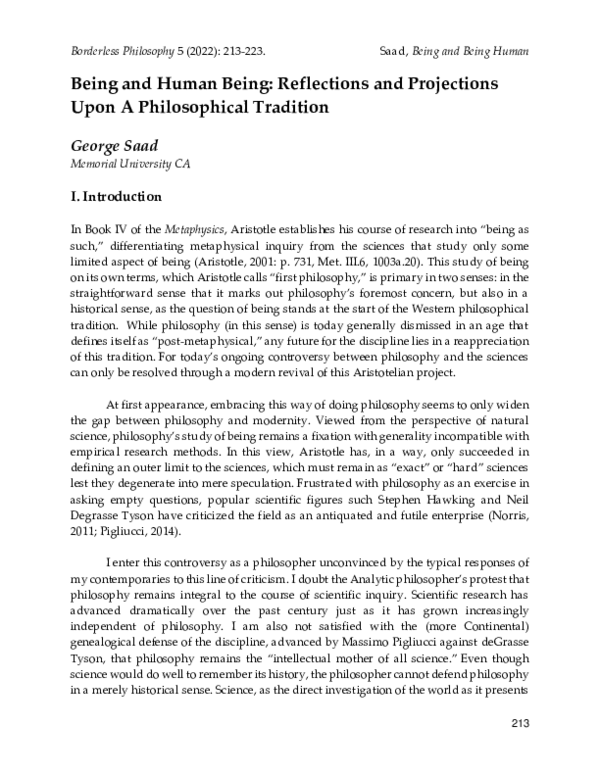 (PDF) Being and Human Being: Reflections and Projections Upon A ...