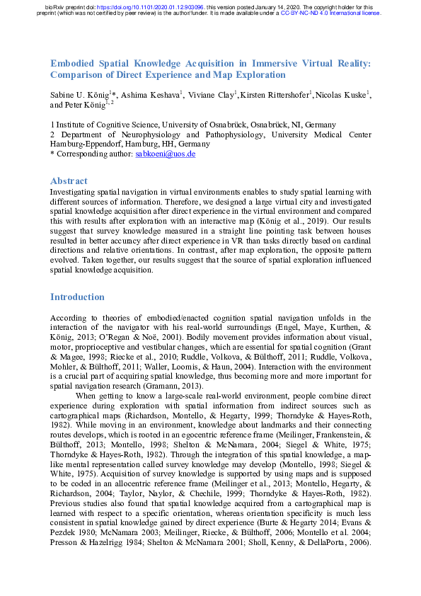 (PDF) Embodied Spatial Knowledge Acquisition in Immersive Virtual Reality: Comparison to Map ...