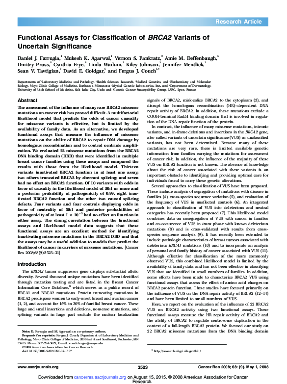 (PDF) Functional Assays for Classification of BRCA2 Variants of Uncertain Significance