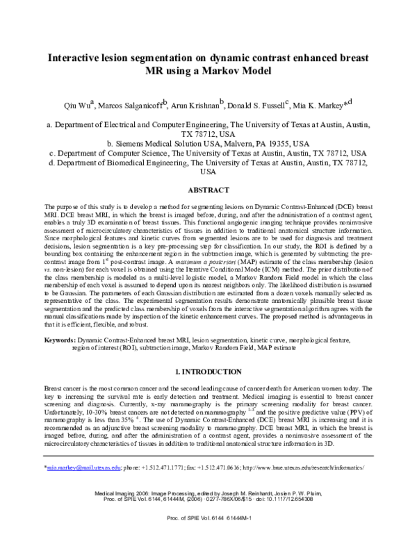 (PDF) Interactive lesion segmentation on dynamic contrast enhanced breast MRI using a Markov model