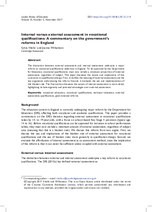 (PDF) Internal versus external assessment in vocational qualifications ...