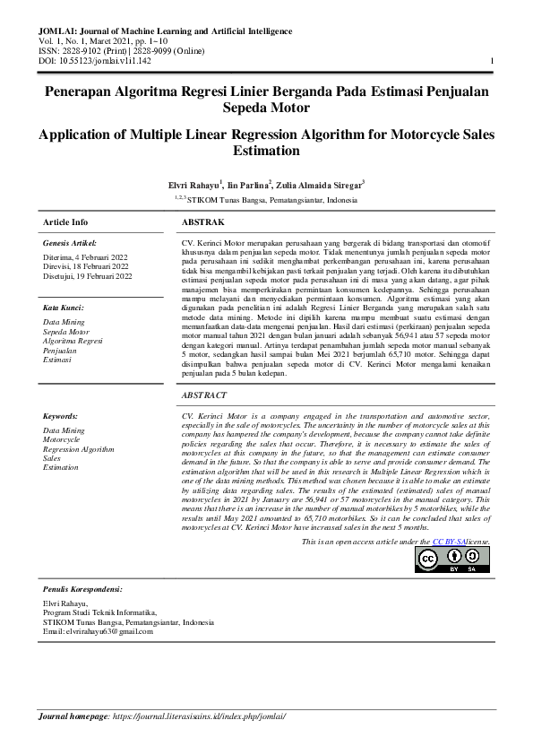(PDF) Application of Multiple Linear Regression Algorithm for Motorcycle Sales Estimation