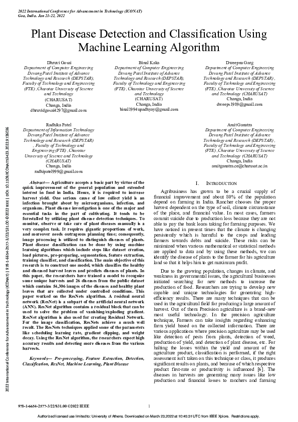 (PDF) Machine Learning for Plant Disease Detection