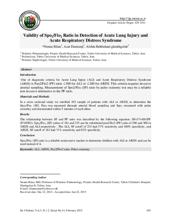 (PDF) Validity of Spo2/Fio2 Ratio in Detection of Acute Lung Injury and ...
