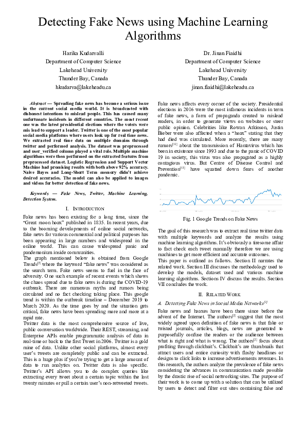 (DOC) Detecting Fake News using Machine Learning Algorithms