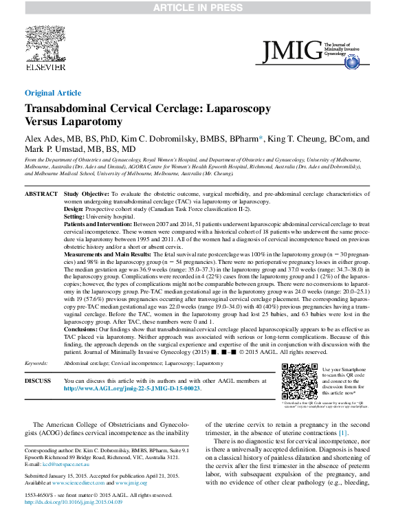 (PDF) Transabdominal Cervical Cerclage: Laparoscopy Versus Laparotomy ...