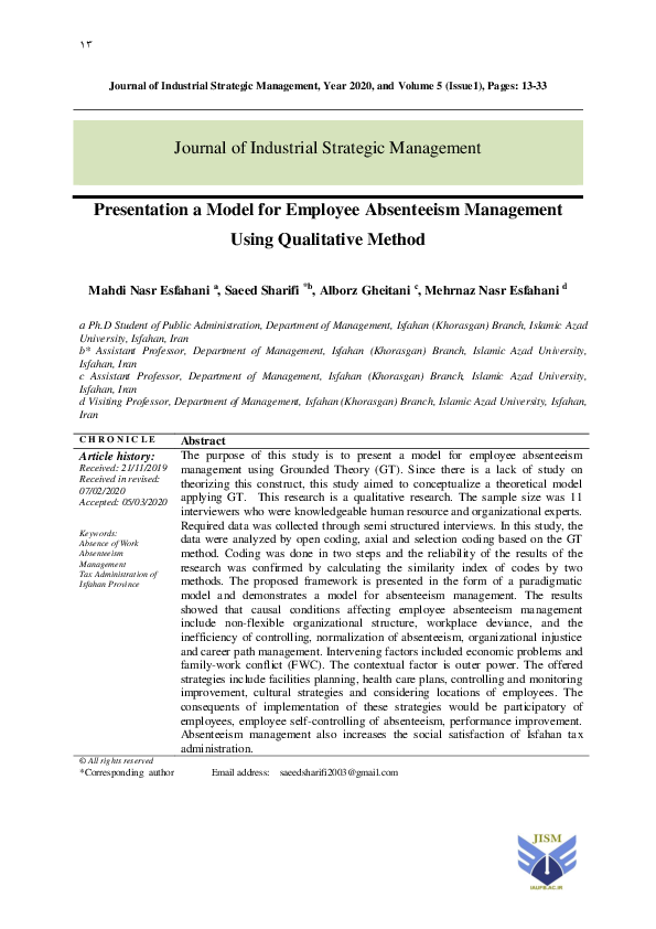 (PDF) Presentation a Model for Employee Absenteeism Management Using ...