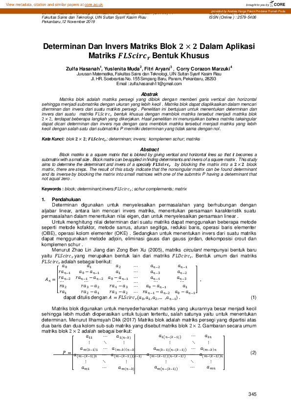(PDF) Determinan Dan Invers Matriks Blok 2 X 2 Dalam Aplikasi Matriks FLScircr Bentuk Khusus ...