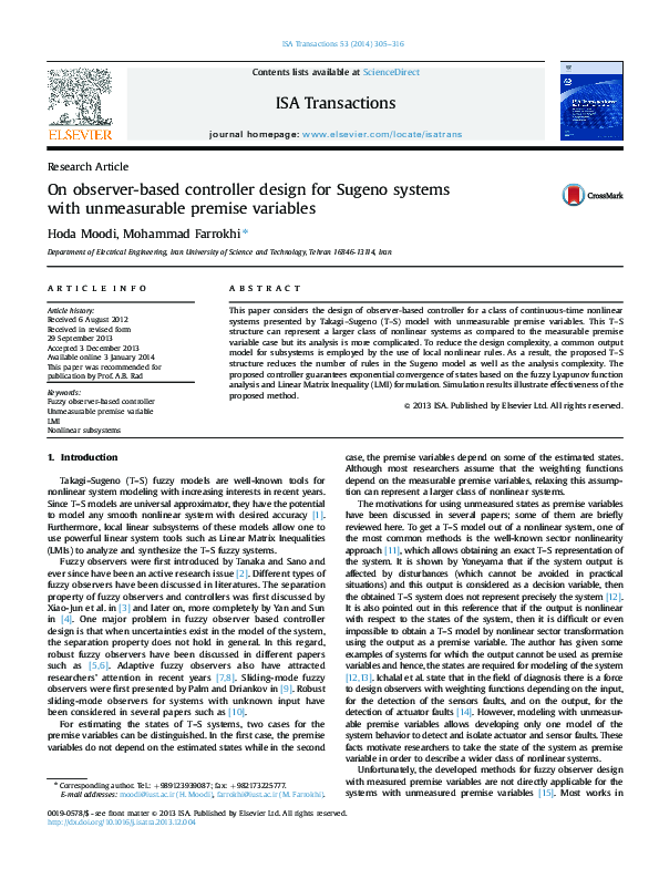 (PDF) On observer-based controller design for Sugeno systems with ...