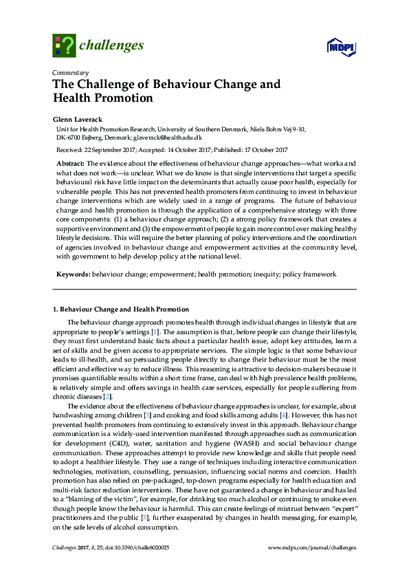 (PDF) The Challenge of Behaviour Change and Health Promotion