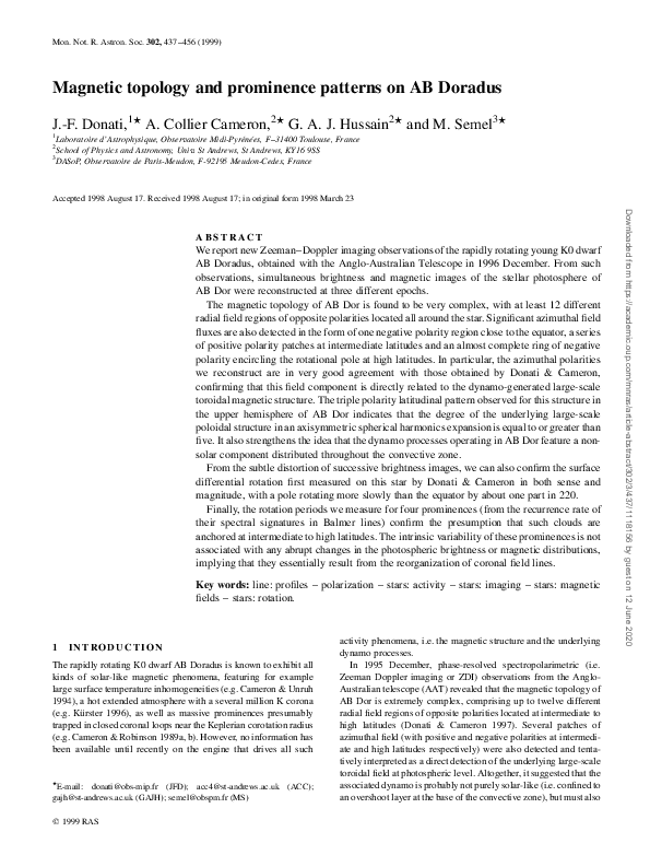 (PDF) Magnetic topology and prominence patterns on AB Doradus
