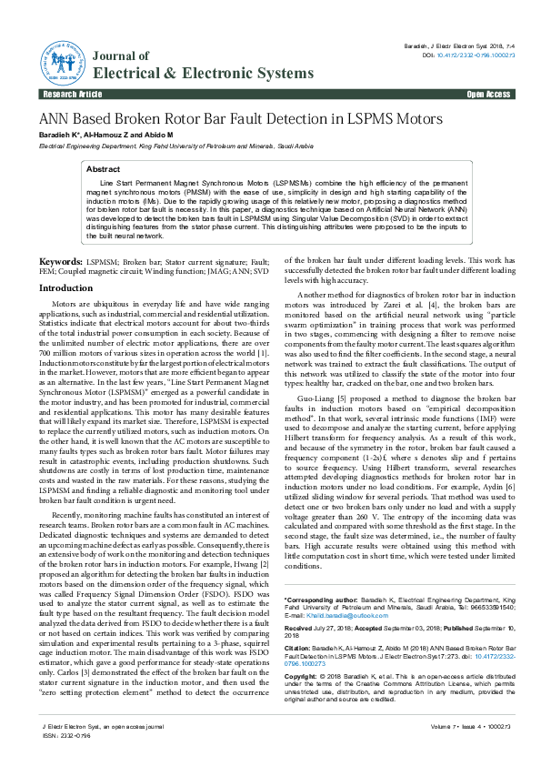 Pdf Ann Based Broken Rotor Bar Fault Detection In Lspms Motors