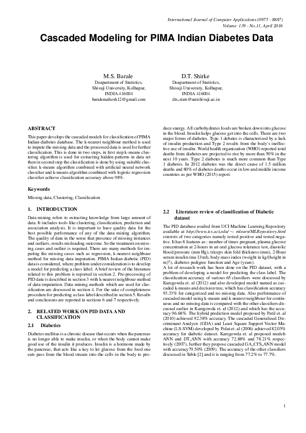 (PDF) Cascaded Modeling for PIMA Indian Diabetes Data