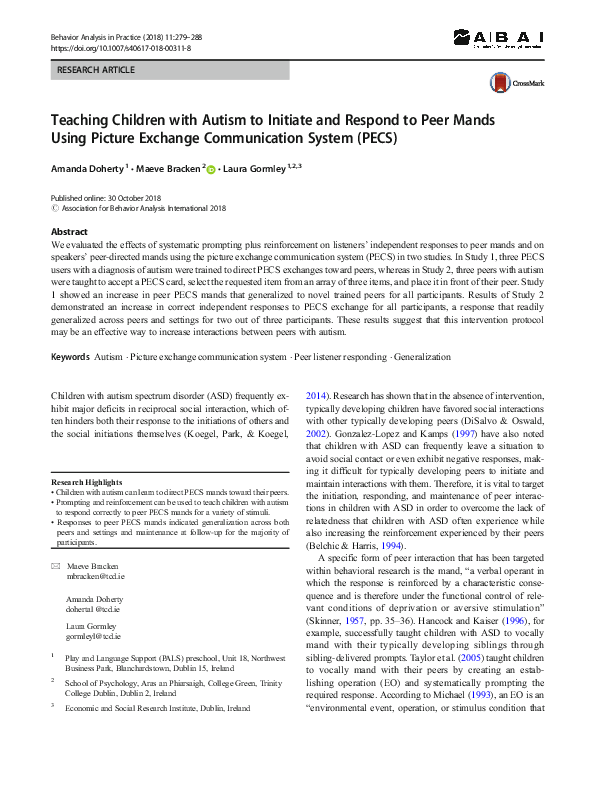 (PDF) Teaching Children with Autism to Initiate and Respond to Peer ...