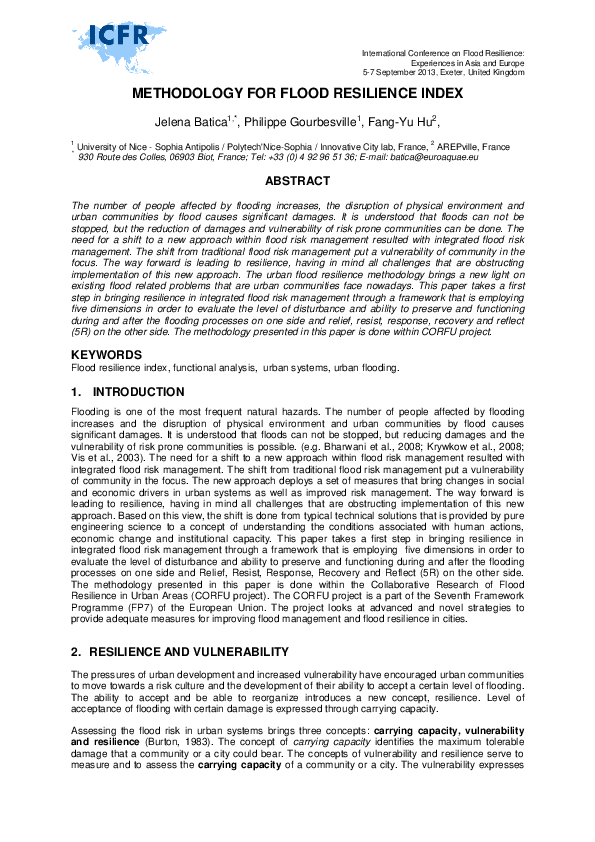 (PDF) Methodology for flood resilience index