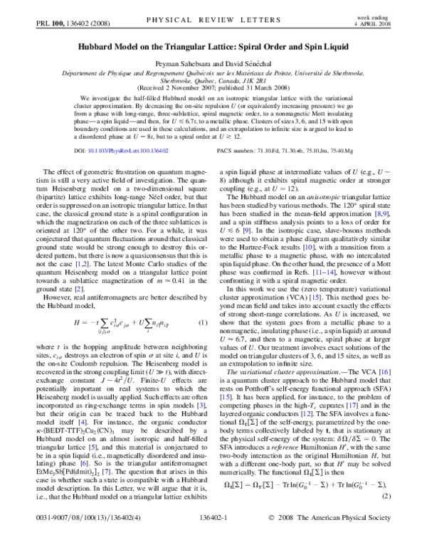 (PDF) Hubbard Model on the Triangular Lattice: Spiral Order and Spin Liquid