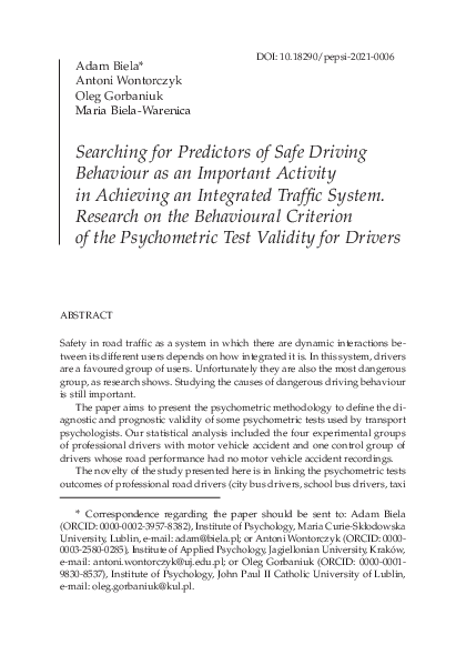 (PDF) Searching for Predictors of Safe Driving Behaviour as an Important Activity in Achieving ...