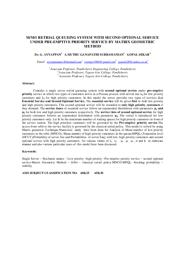(PDF) M/M/1 Retrial Queueing System with Second Optional Service Under Pre-Emptive Priority ...