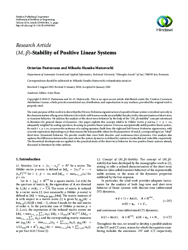 (PDF) (M,β)-Stability of Positive Linear Systems